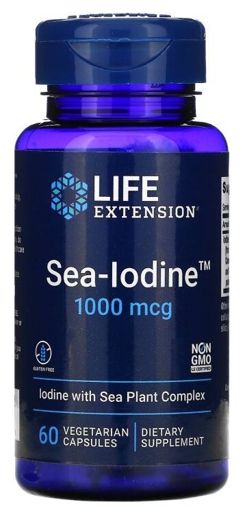 Life Extension Sea-Iodine, Морской йод, 1000 мкг, 60 вегетарианских капсул. Для щитовидной железы,