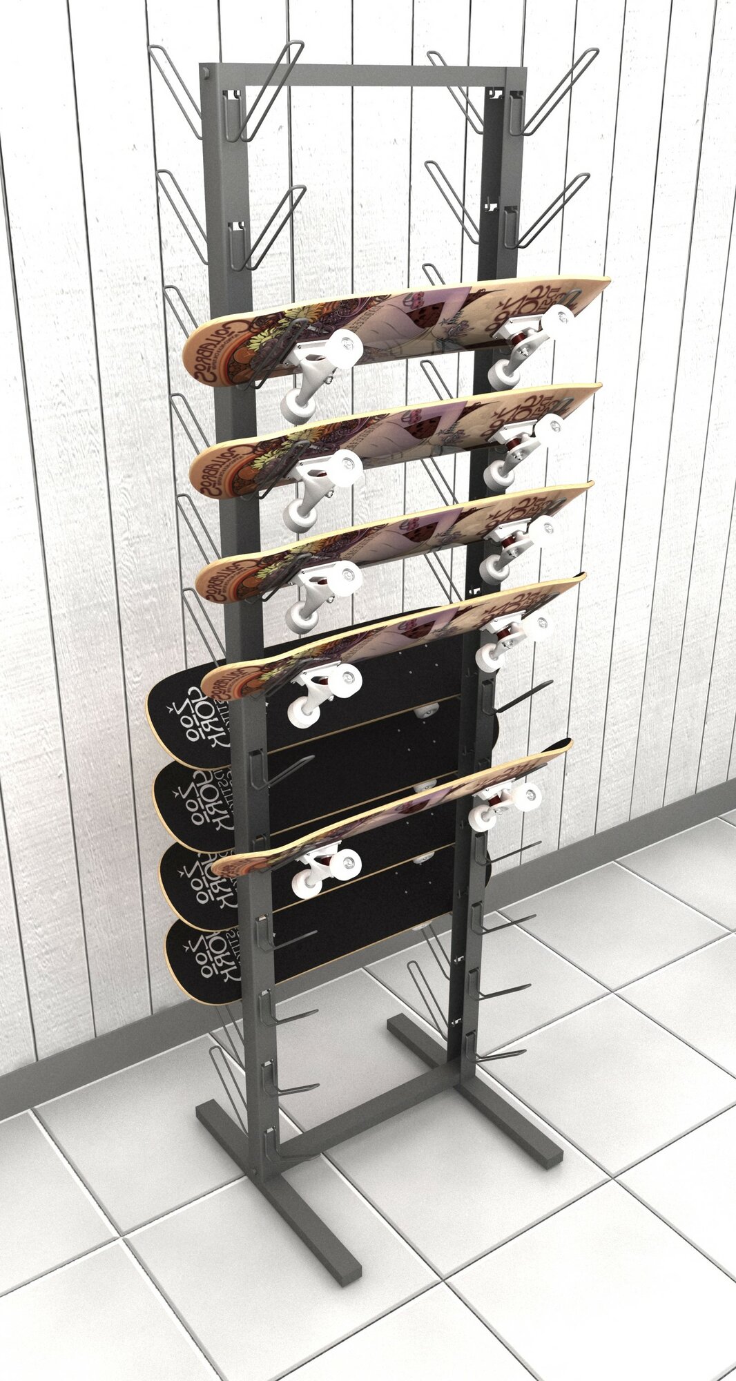 Стойка для 24 шт. скейтбордов, двух-сторонняя, металл, цвет серый