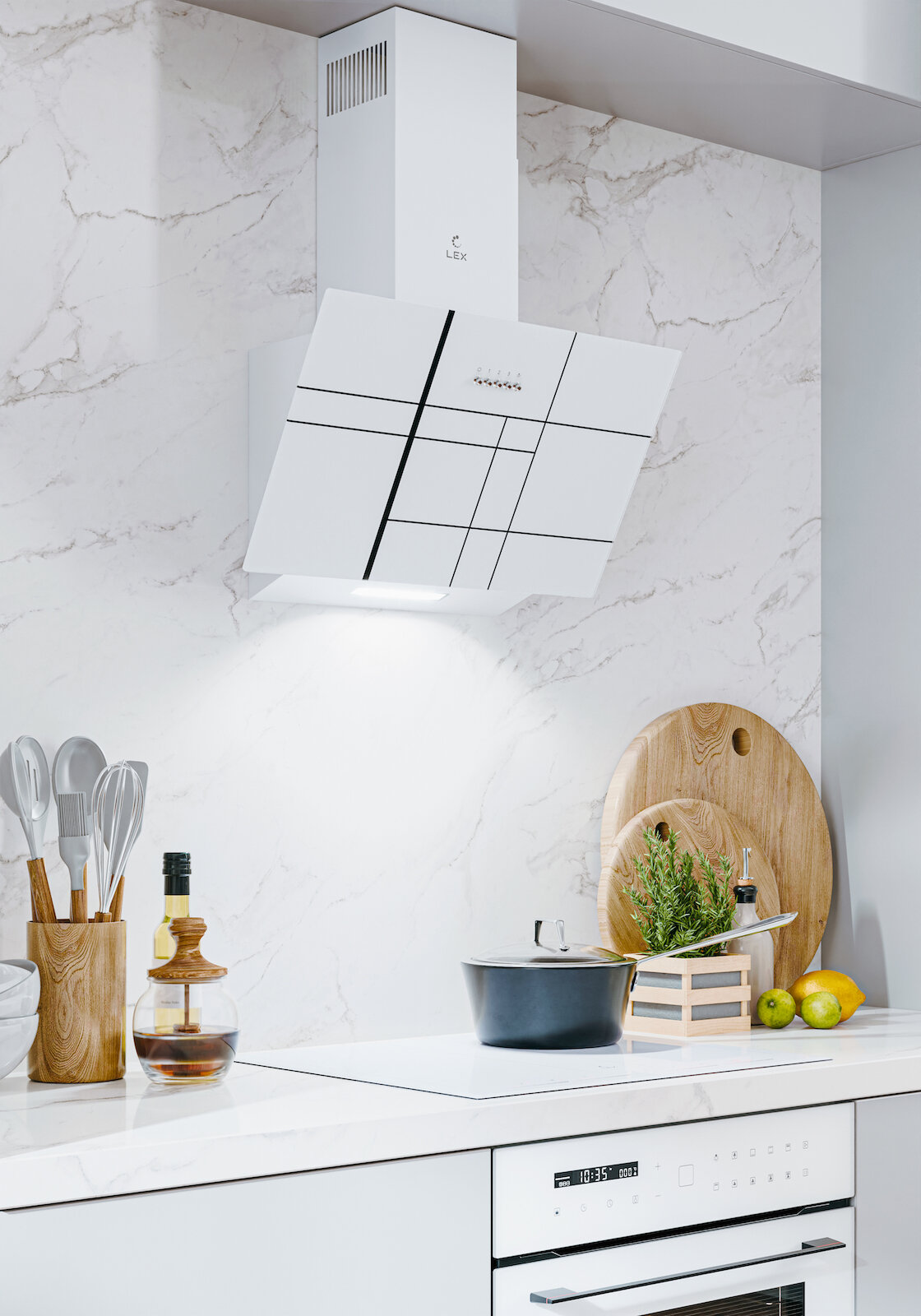 Вытяжка кухонная наклонная LEX MOZA 600 R1 White, 60 см, отделка окрашенная сталь, стекло, 3 скорости, кнопочное управление LED лампы.