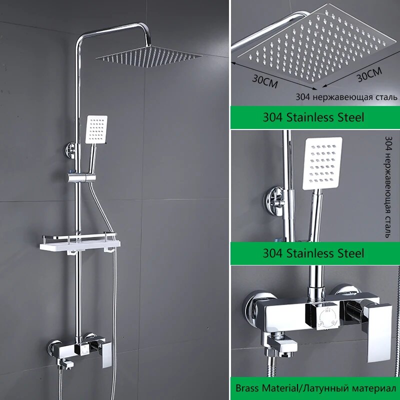 Кран для душа OXG Black/Chrome из латунного сплава, смесительный кран для душа в ванной, система душа, дождевой душ, комплект для душа, душевая форсунка для ванной — хром, 3 режима, 12 дюймовB