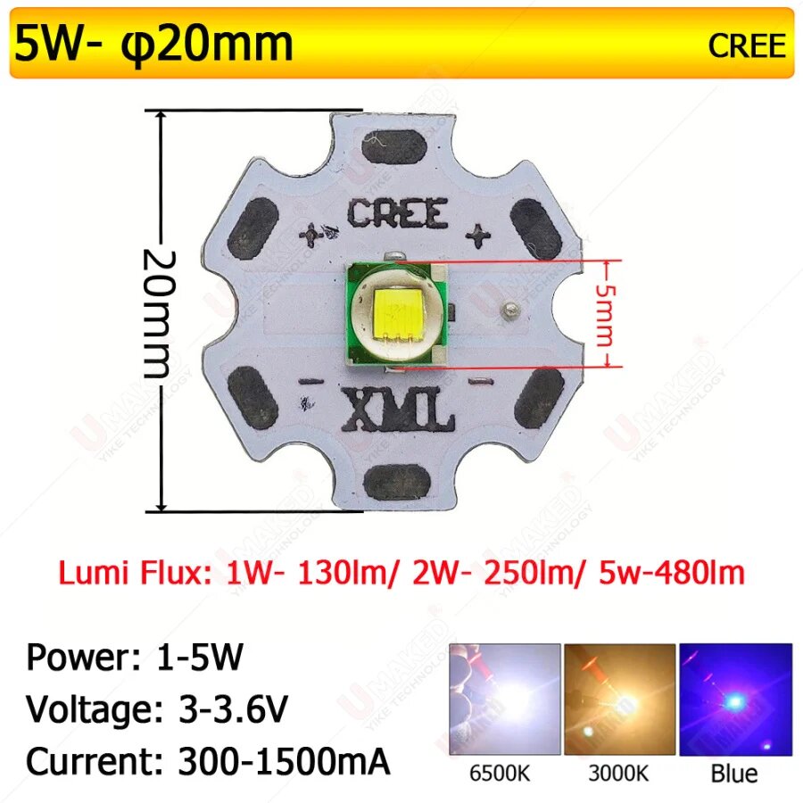Светодиод CREE 5W T6 20mm, 3000K, Warm White