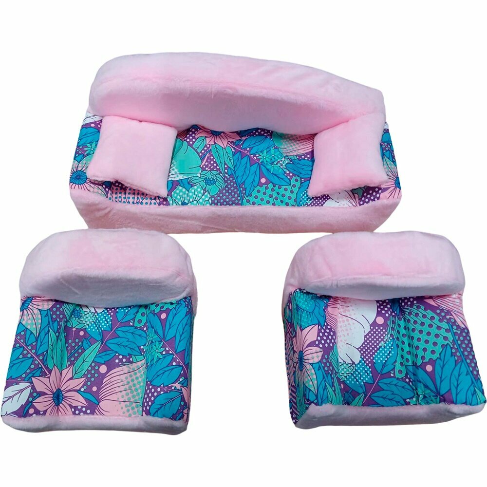 Мебель для кукол Belon Диван, 2 кресла, 2 подушки "Цветы сирень" со светло-розовым плюшем (НМ-002/2-35)