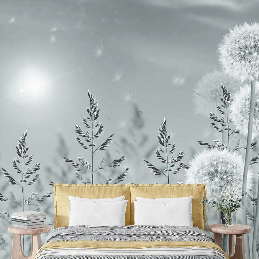 Фотообои Черно белые одуванчики в поле 10-076-L-Флок 270 x 400 см (ВхШ) Бесшовные, флизелиновые, влагостойкие обои MasterFresok