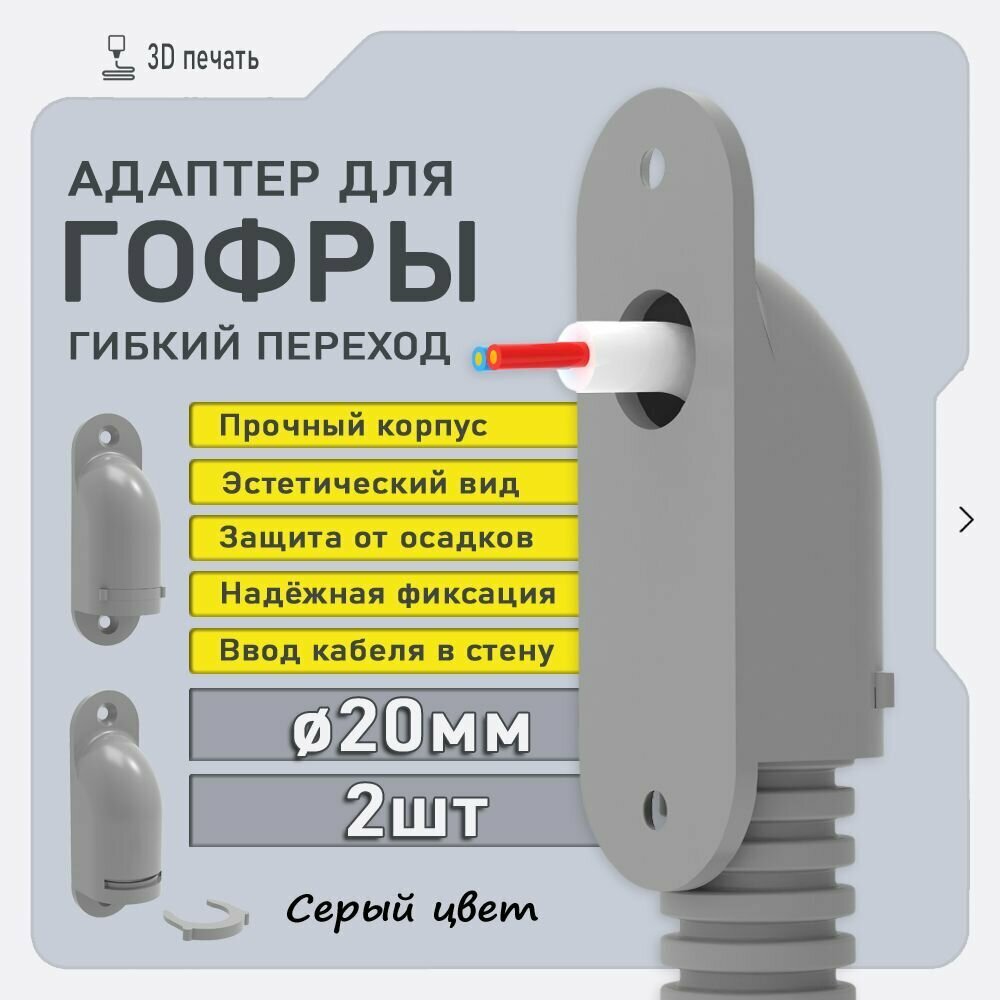 Ввод гофры 20мм в стену, 2шт, серый цвет. Кабельный ввод, гибкий переход, адаптер переходник для гофры кабеля