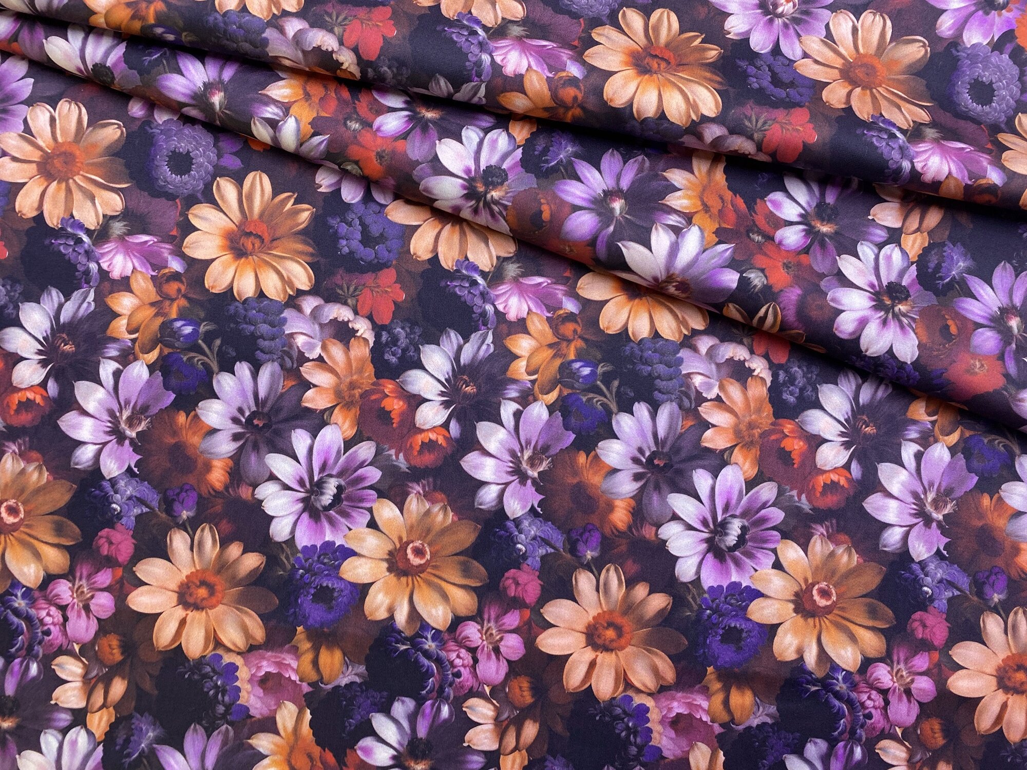 Ткань Хлопок чёрного цвета с принтом яркие цветы 14227