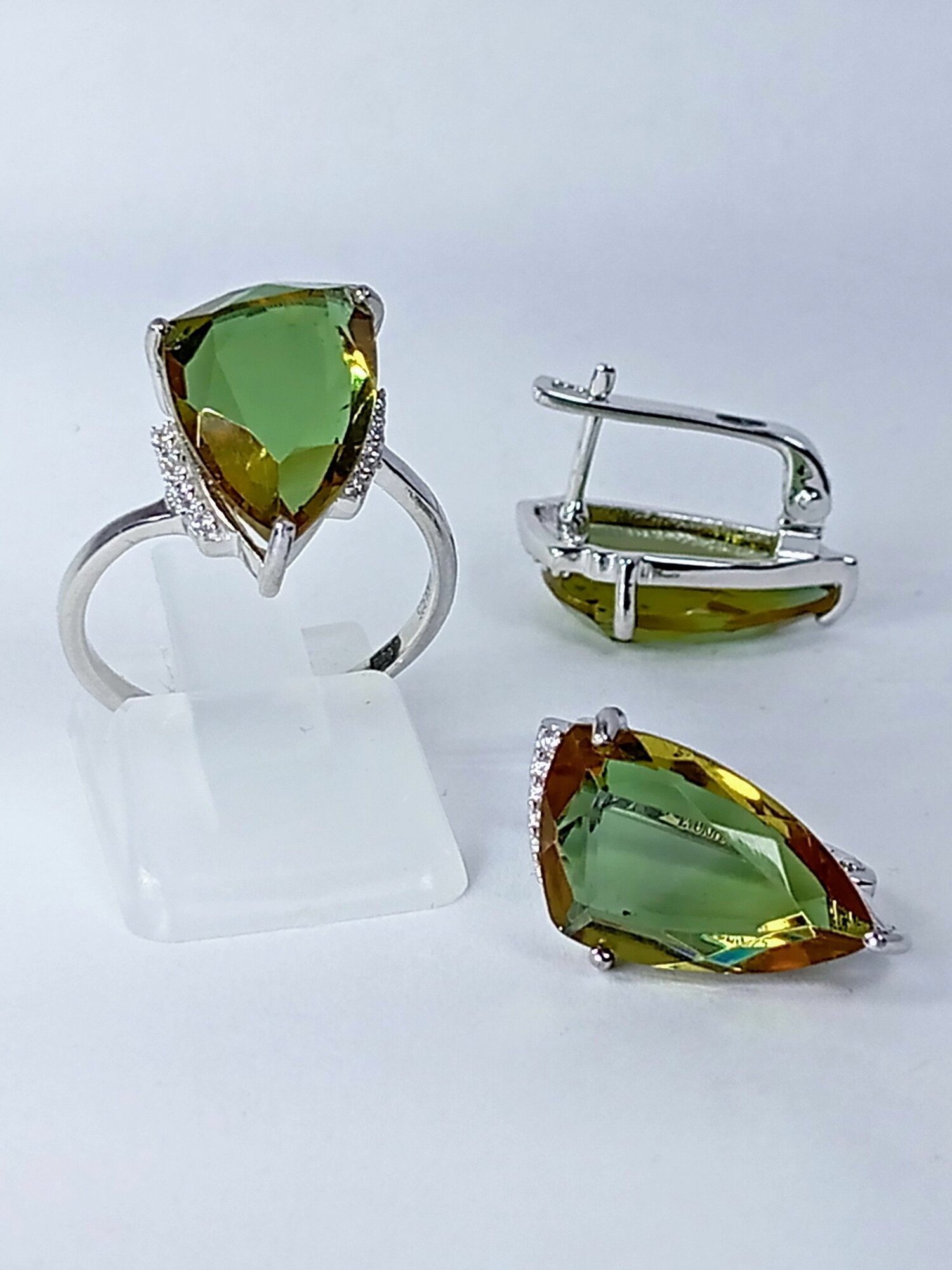 Ювелирный комплект, серебро, 925 проба, родирование, султанит, циркон