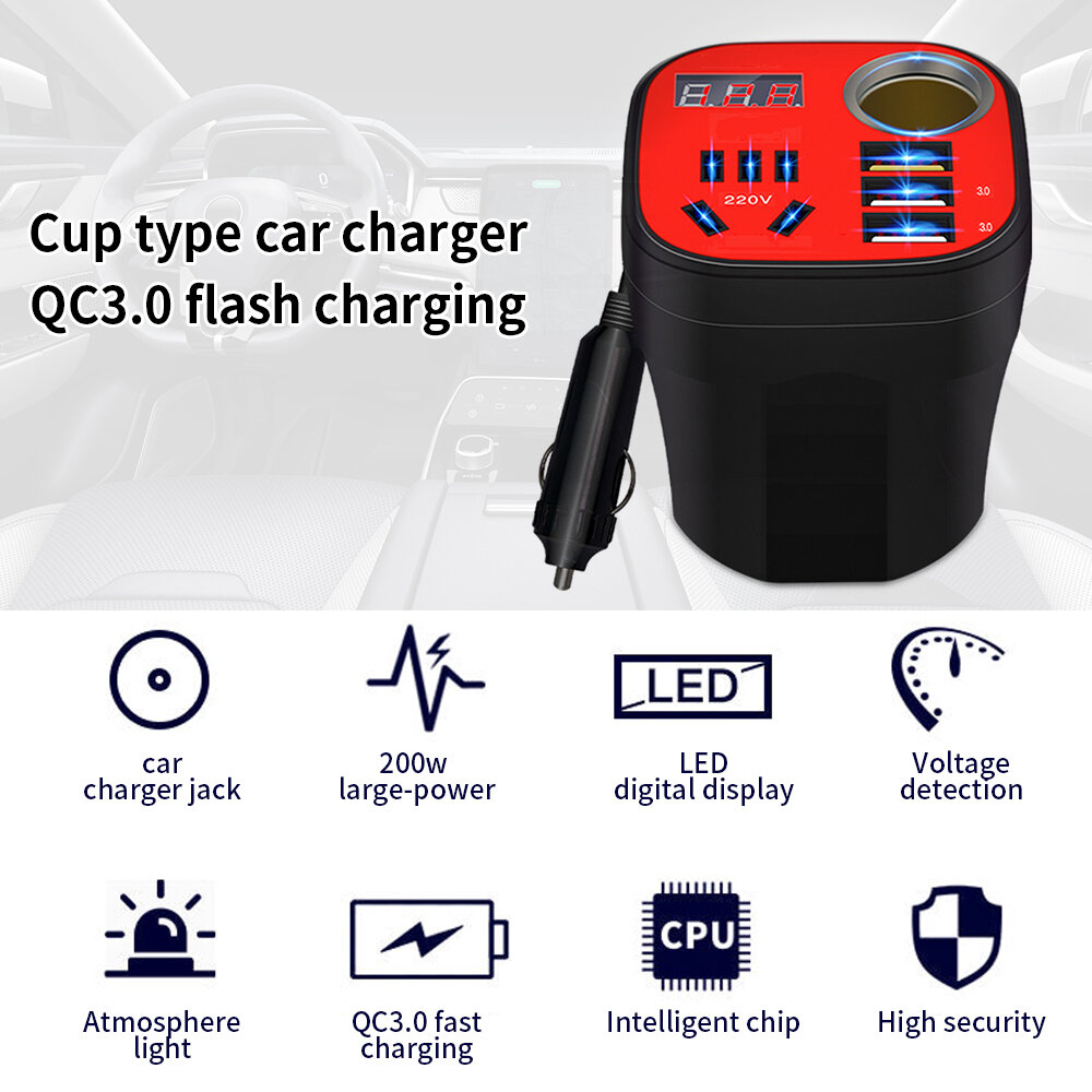 Автомобильный инвертор-преобразователь QC-зарядное устройство 200Вт, 5-в-1, 12В/24В в 220В, многофункциональное, с быстрой зарядкой QC3.0