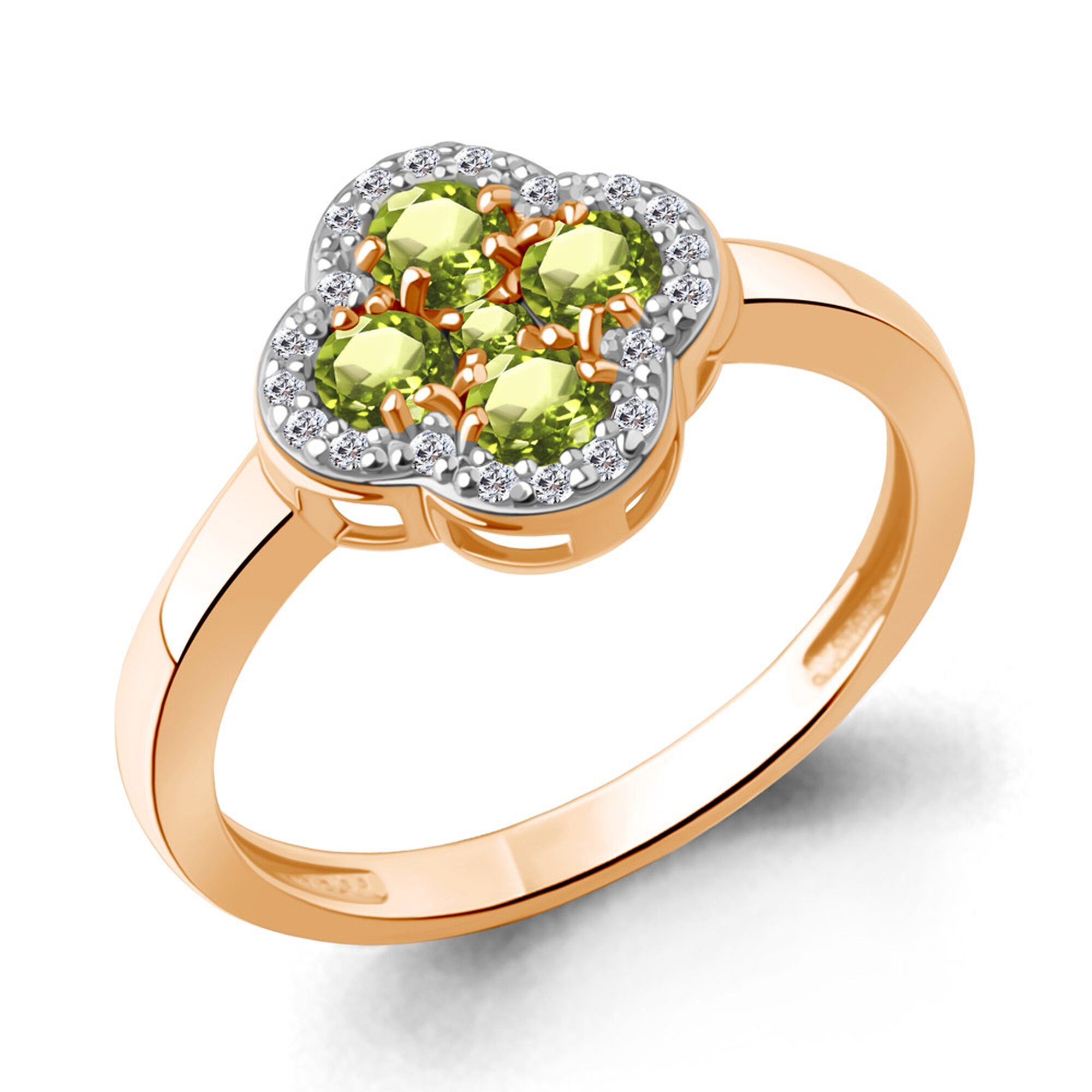 Кольцо, серебро, 925 проба, золочение, фианит, хризолит