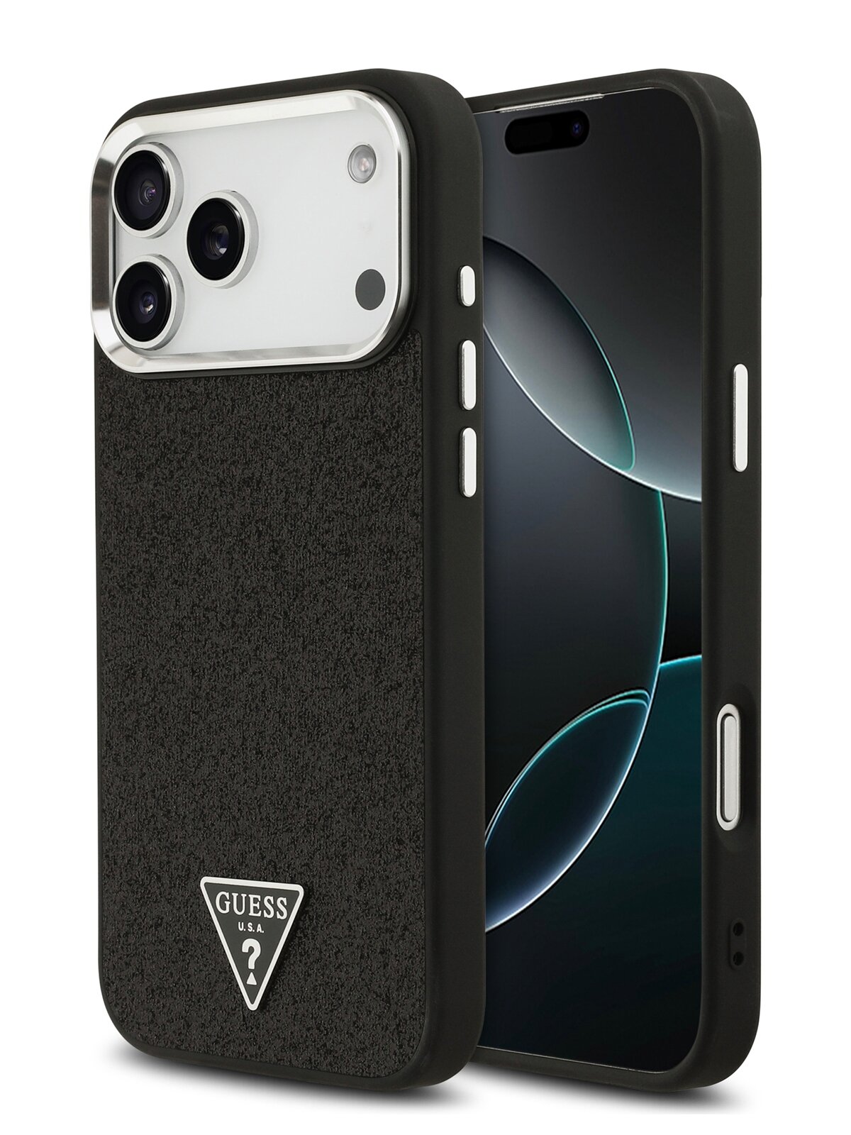 Guess чехол с MagSafe для iPhone 17 Pro Max, Fixed Glitters Tringle metal logo, с блестками, черный