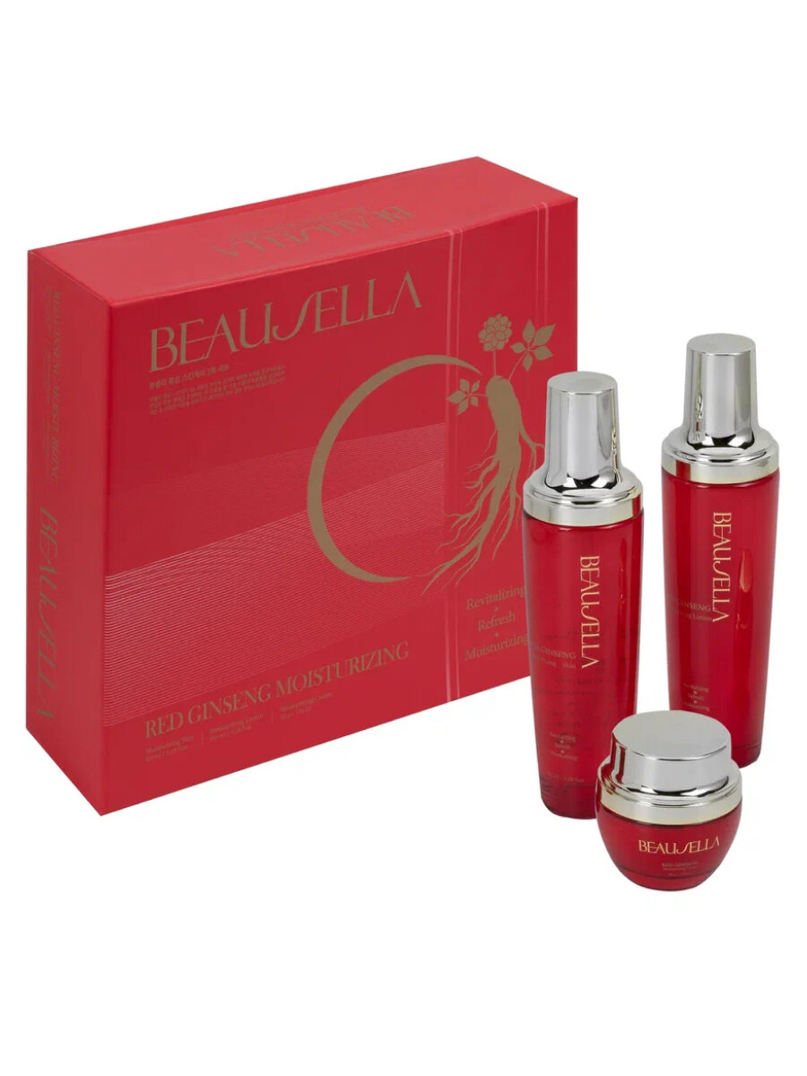 Beausella Увлажняющий набор для лица с экстрактом красного женьшеня: тонер, лосьон, крем / Red Ginseng Moisturizing Set, 150 мл x 2, 50 г