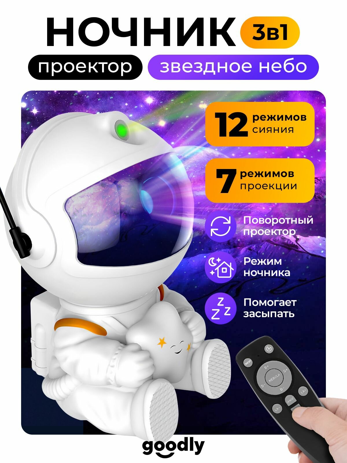 Проектор звездного неба Goodly Starry Sky Projector Космонавт, ночник детский для сна, настольный светильник, светодиодный, лазерный режим, 12 проекций, пульт управления, белый