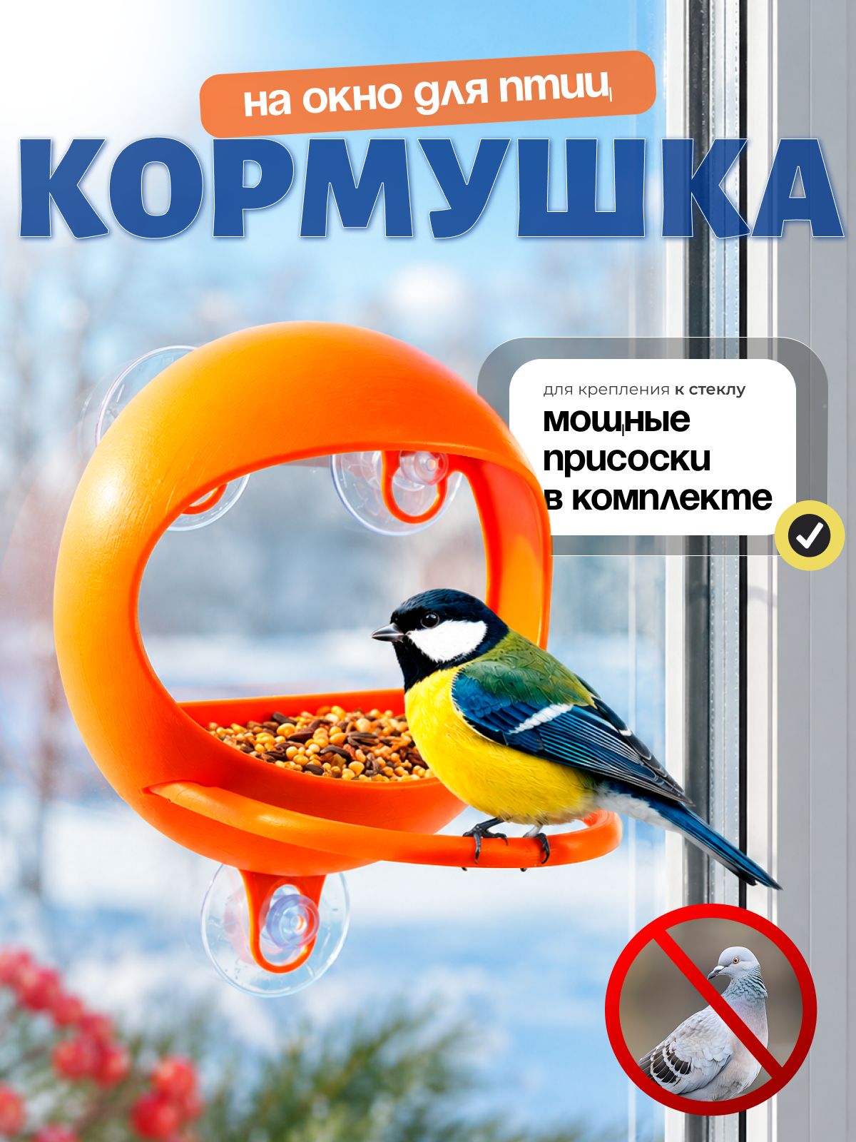 Кормушка для птиц на окно, на присосках, для синиц и снегирей, уличная.