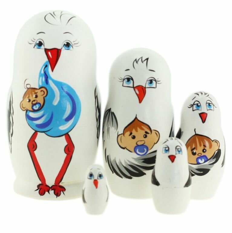 Матрешка "Аист с ребенком" (мальчик), ручная роспись, 5 кукол, 100х50 мм