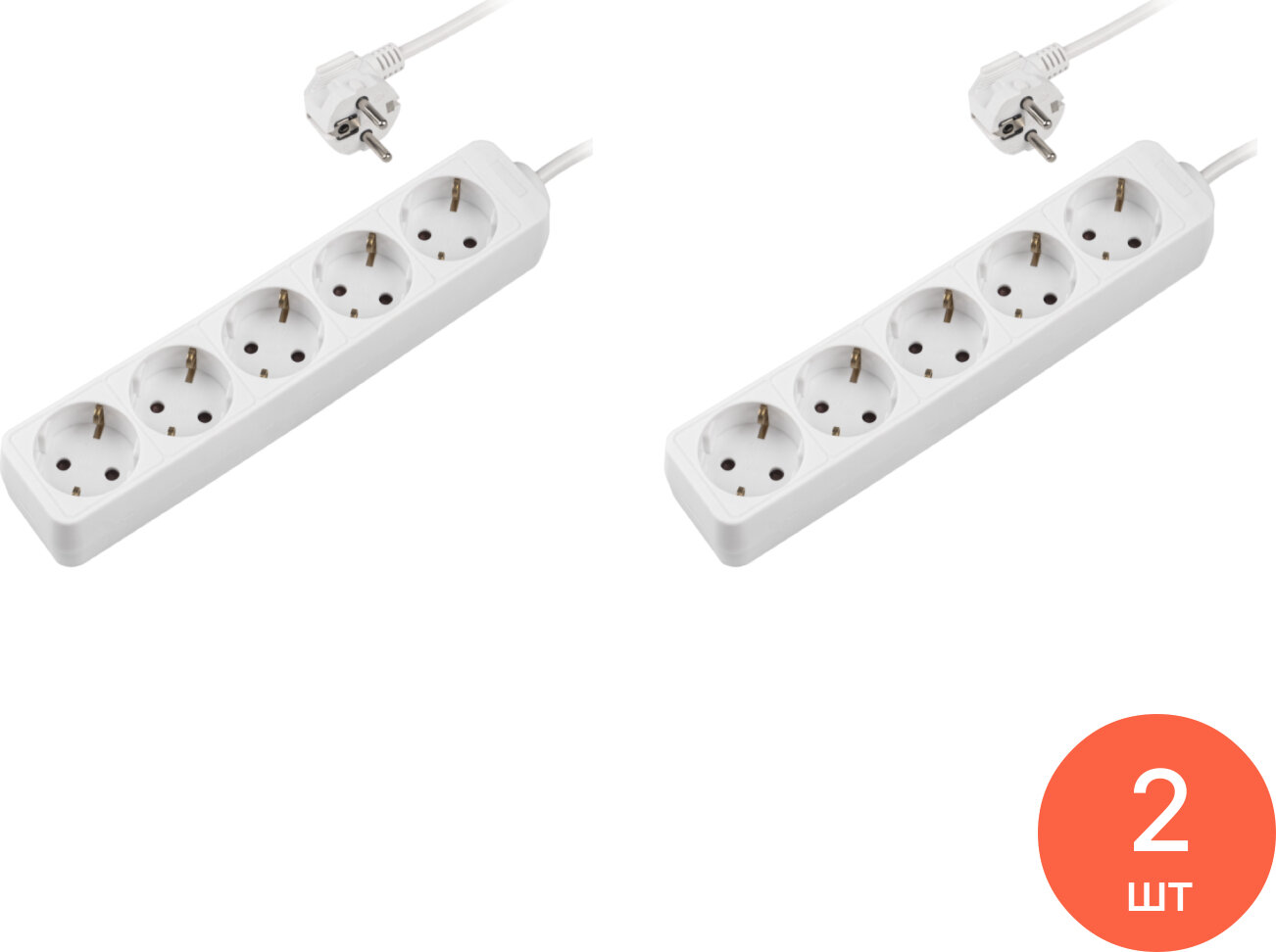 Удлинитель бытовой Фаzа / Фаза FTG-05-150 с заземлением, ПВС 3х1мм2, 13А 3000Вт IP20, 1.5 метра 5 розеток, белый 5052994 (комплект из 2 шт)