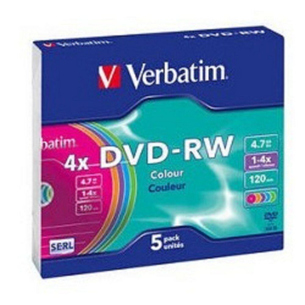 Verbatim Диск Диск DVD-RW 4x, Colour, Slim, 5шт, 43563