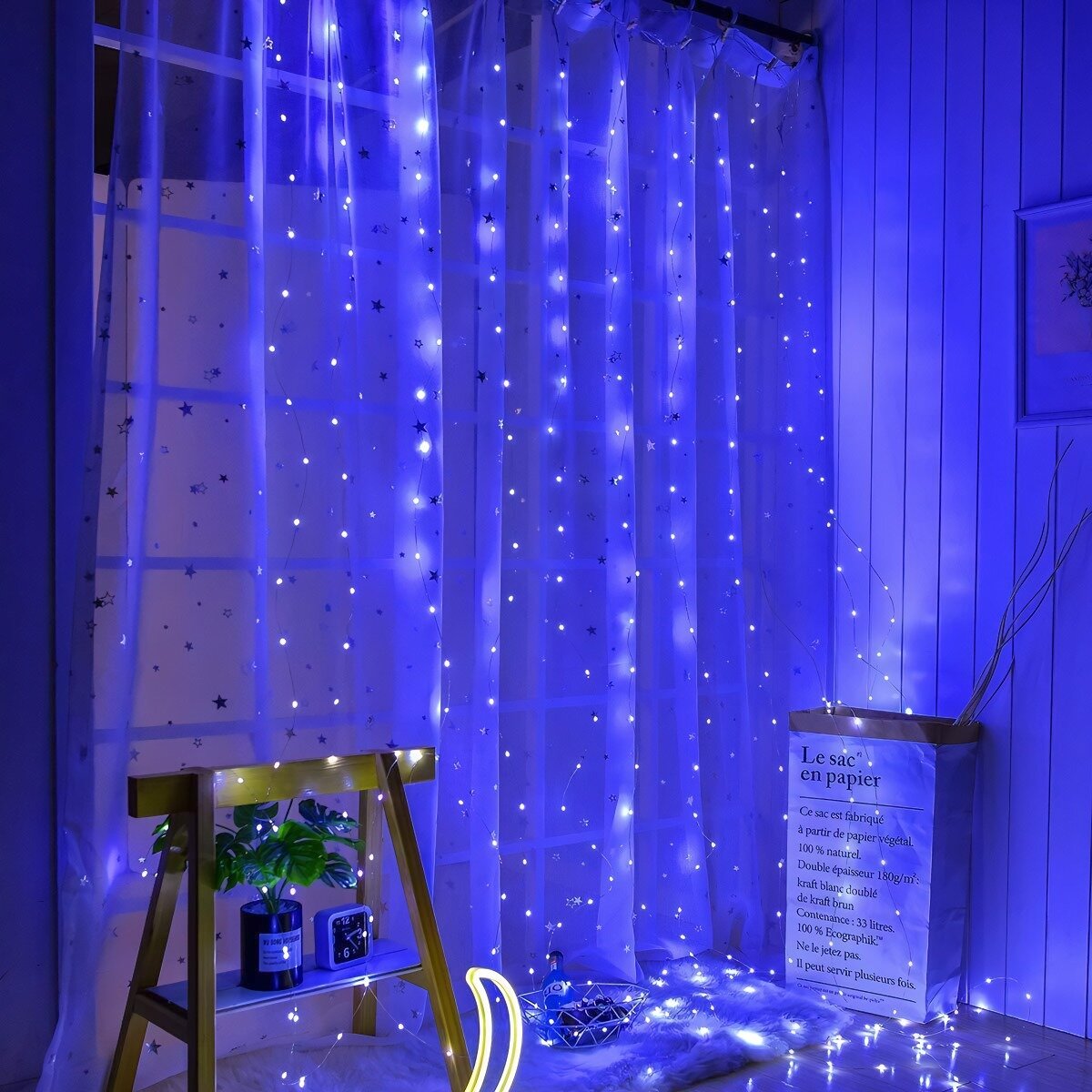 Электрогирлянда "Интерьерная Штора Занавес", дистанционное управление /3x3 метра, 8 режимов, синий