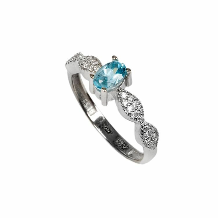 Кольцо тонкое, серебро, 925 проба, родирование, фианит, топаз