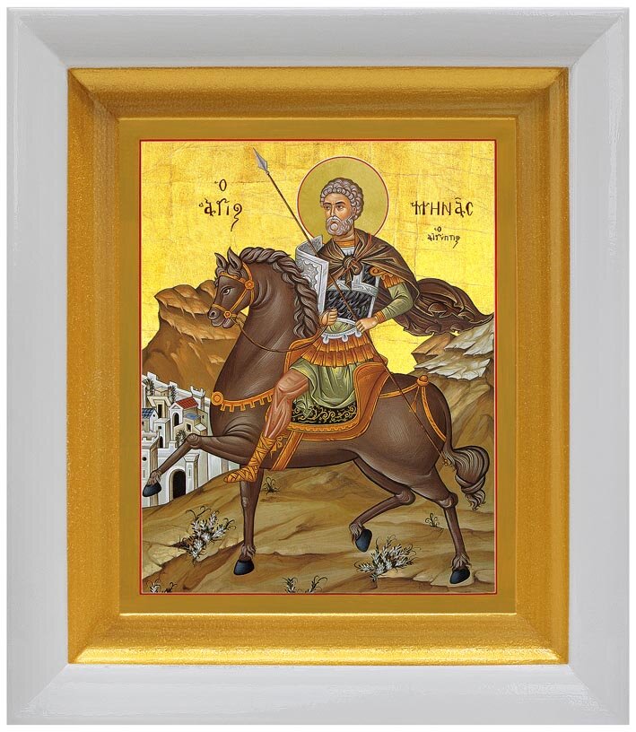 Великомученик Мина Котуанский (Фригийский), икона в белом деревянном киоте 14,5*16,5 см