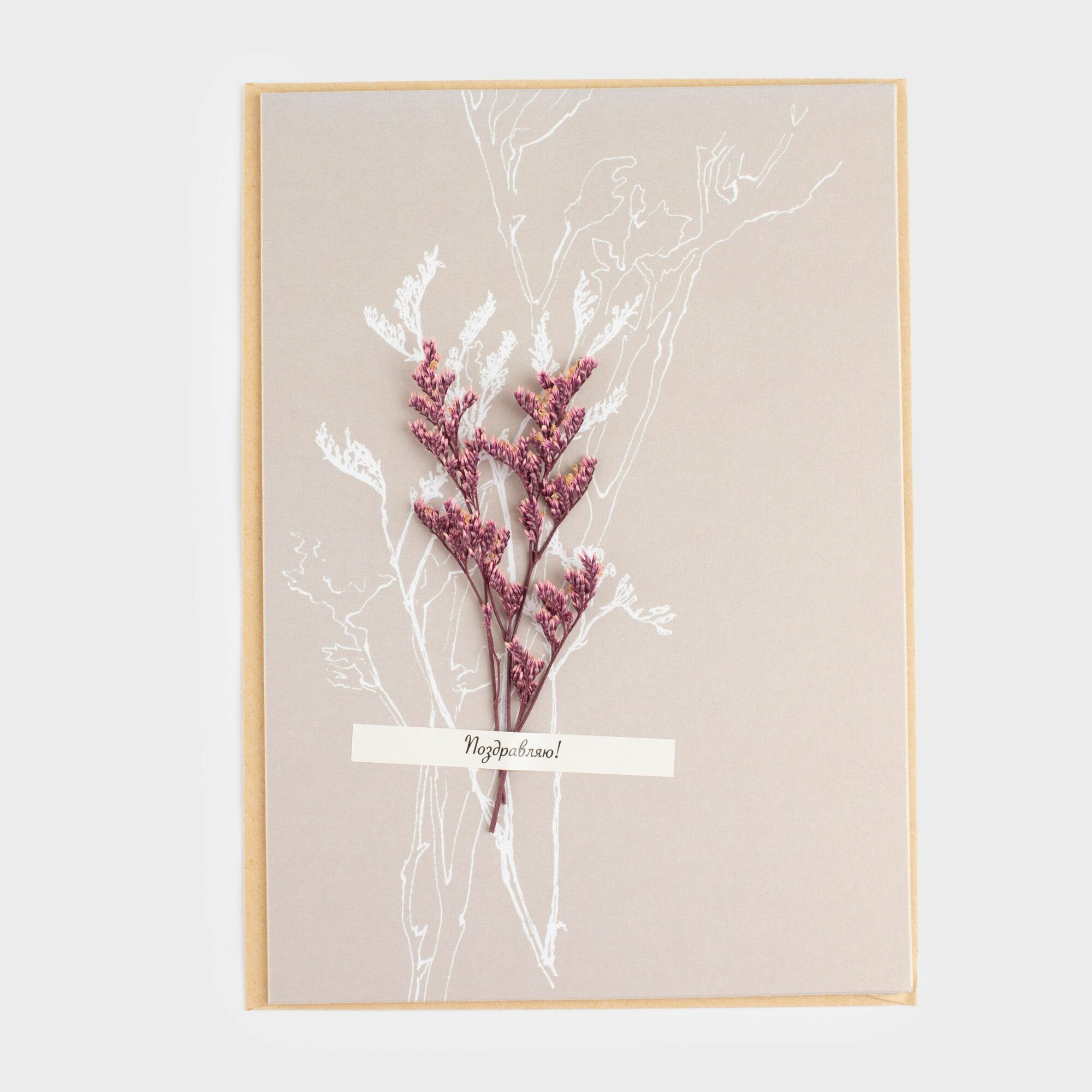 Открытка подарочная, 12х17 см, бумага, серо-коричневая, Сухоцветы, Congrats