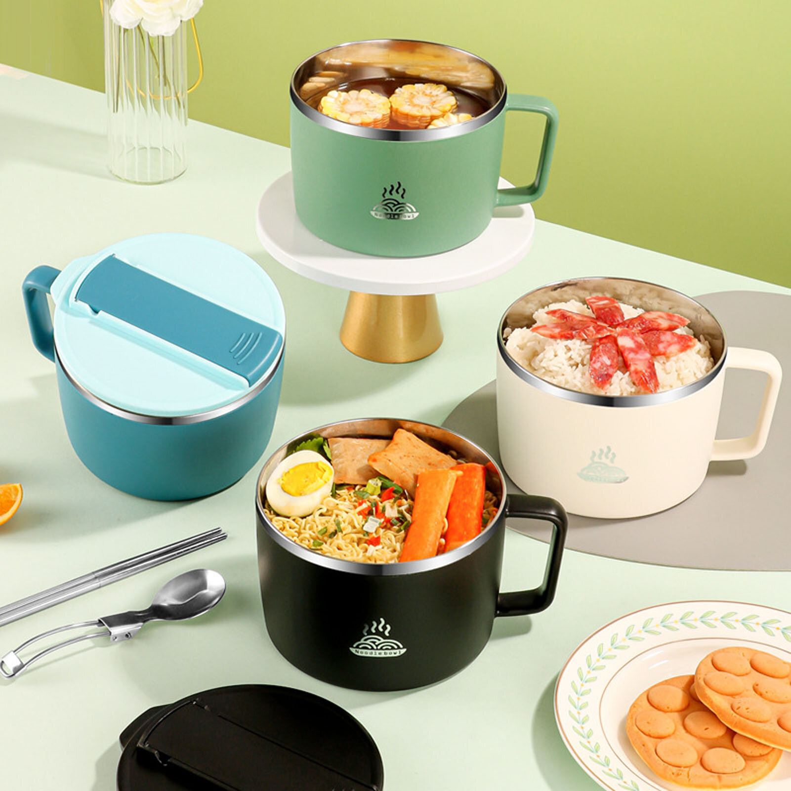 Чаша для лапши с палочками для еды и порцией, 1200 мл, портативная чаша для рамэна из нержавеющей стали 304 с крышкой для офиса