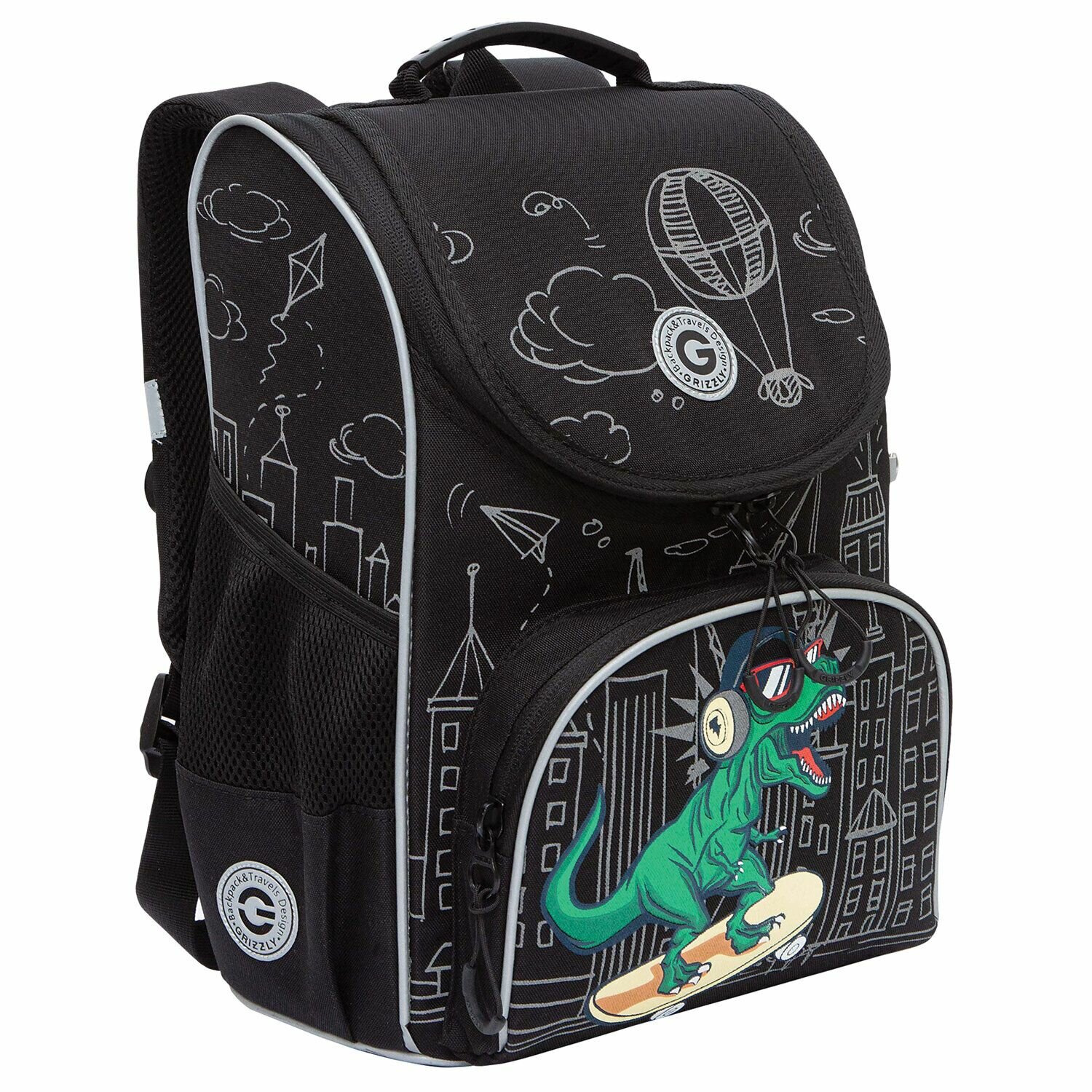 Ранец Grizzly "Dino Race", анатомическая спинка, с мешком для обуви, для мальчиков, 33х25х13 см (RAm-485-1/1)