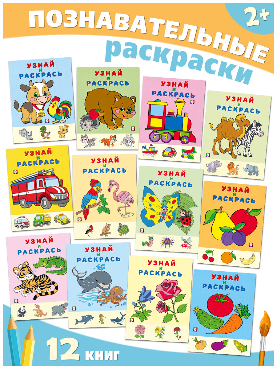 Раскраски для малышей с цветным образцом – Узнай и раскрась Издательство Фламинго Комплект из 12 книг