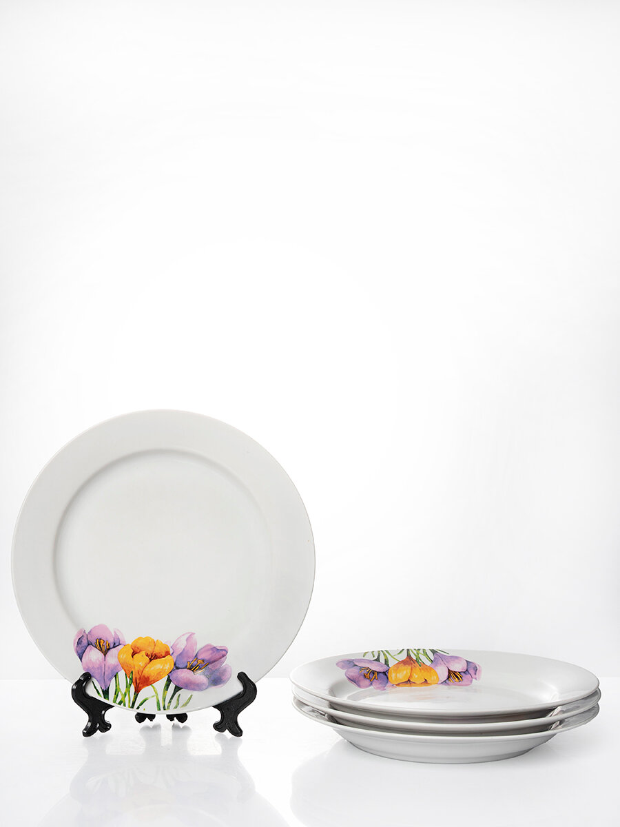Набор фарфоровых тарелок мелких 240мм."Крокусы" гладкий край, Дулево 4 шт.