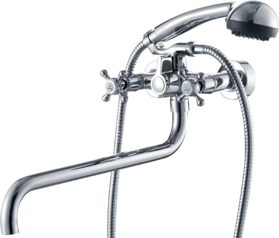 Смеситель с длинным изливом для ванны Kaiser Grace 11070К с душевым гарнитуром, поворотный, латунный, хром, глянцевый, смеситель для ванны с душем, вентильный