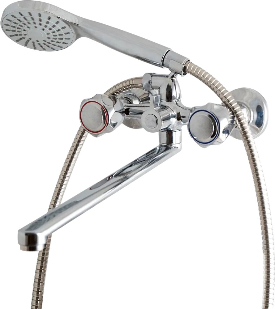 Смеситель с длинным изливом для ванны Dorff Modern D7095000 с душевым гарнитуром, поворотный, латунный, хром, глянцевый, смеситель для ванны с душем, вентильный