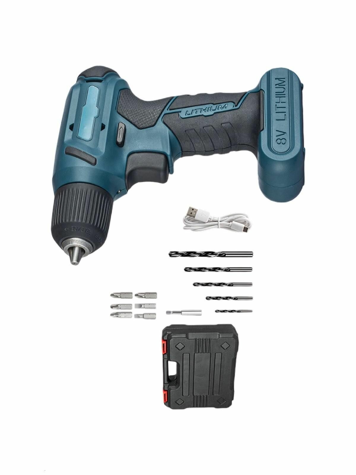 Шуруповерт, Перезаряжаемая мини-дрель на литиевой батарее 8 В-8-вольтовая литиевая батарея, 1 дрель, пластиковая коробка, набор из 13 предметов