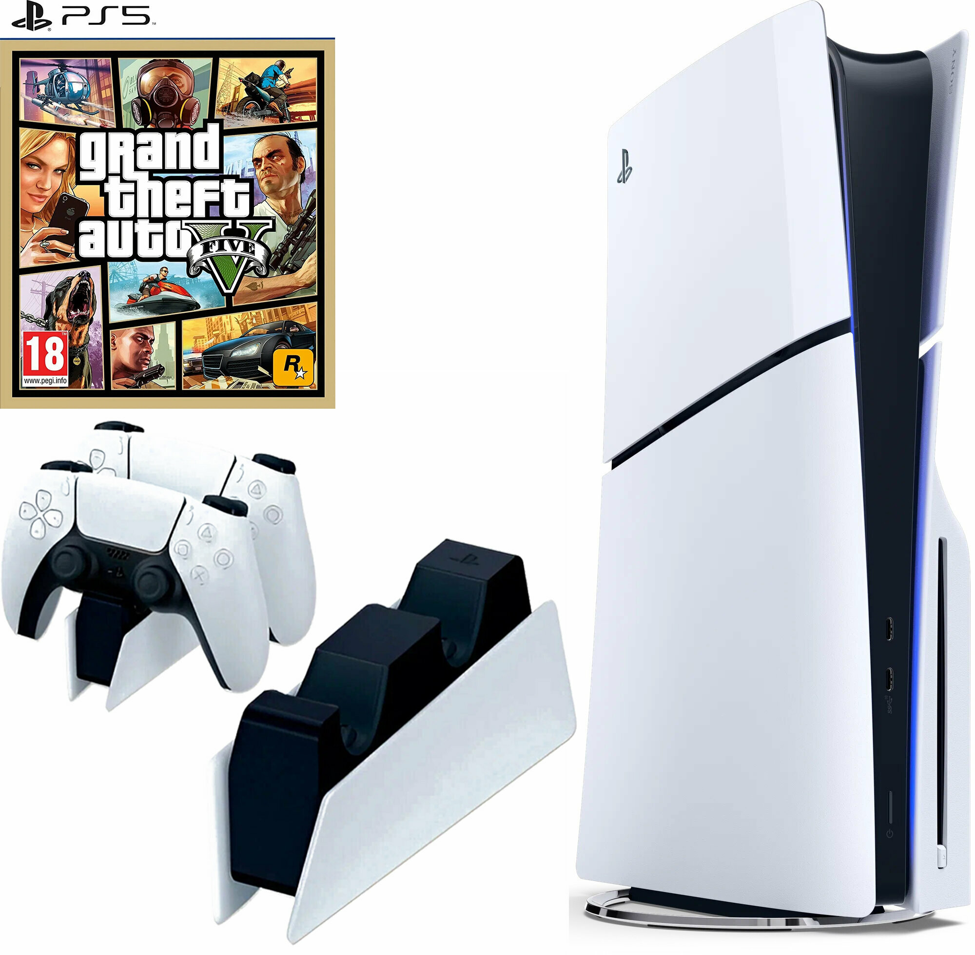 Игровая приставка Sony PlayStation 5 Slim, с дисководом 1000 ГБ SSD, белый + GTA 5 + 2й геймпада + Зарядная станция