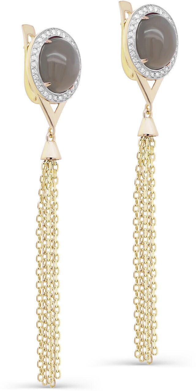 Серьги, желтое золото, 585 проба, бриллиант, лунный камень