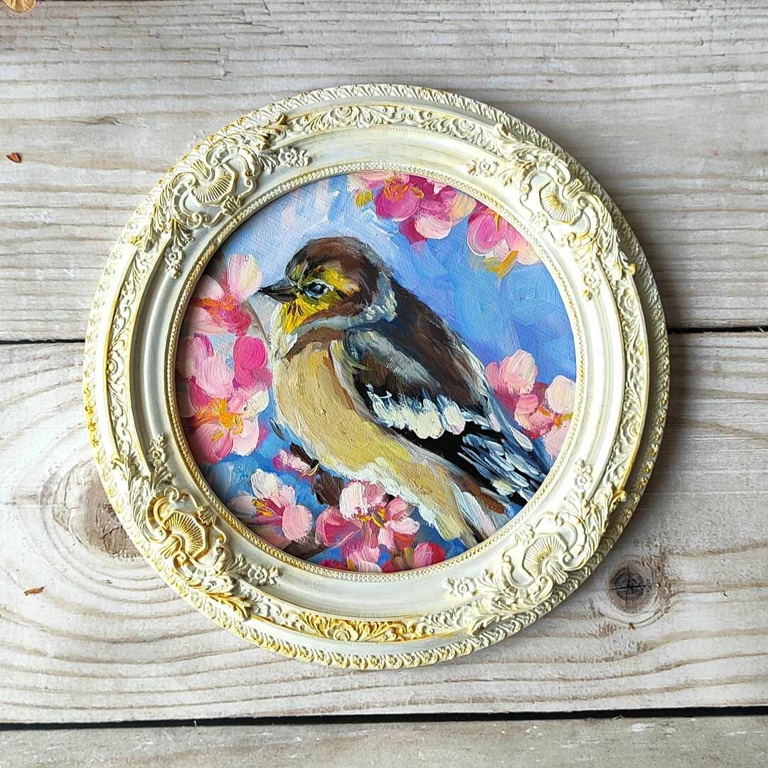 Картина птица в винтажной рамке, птичка свиристель живопись маслом, 20 см