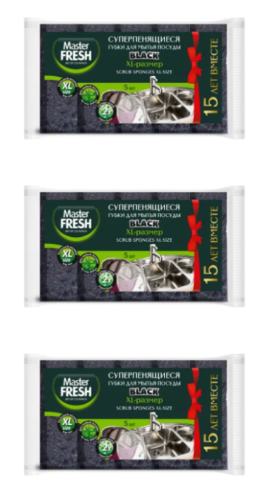 Губки для мытья посуды Master Fresh Black XL, bubble-поролон, 5 шт, 3 уп