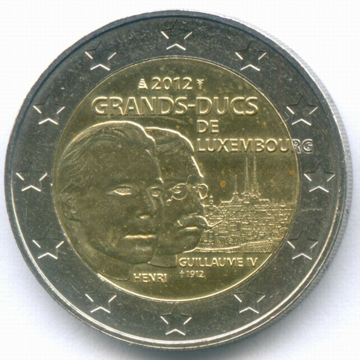 2 евро 2012 год. Люксембург. 100 лет со дня смерти Великого герцога Люксембургского Вильгельма IV. Биметалл XF (появились пятнышки)