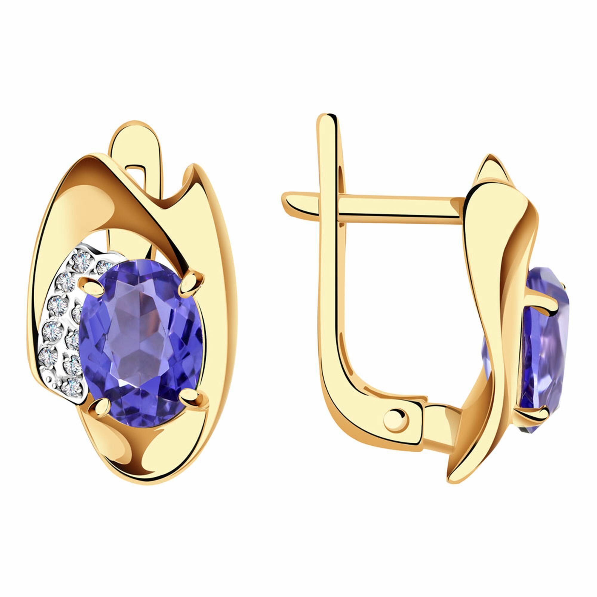 Серьги, красное золото, 585 проба, танзанит, фианит