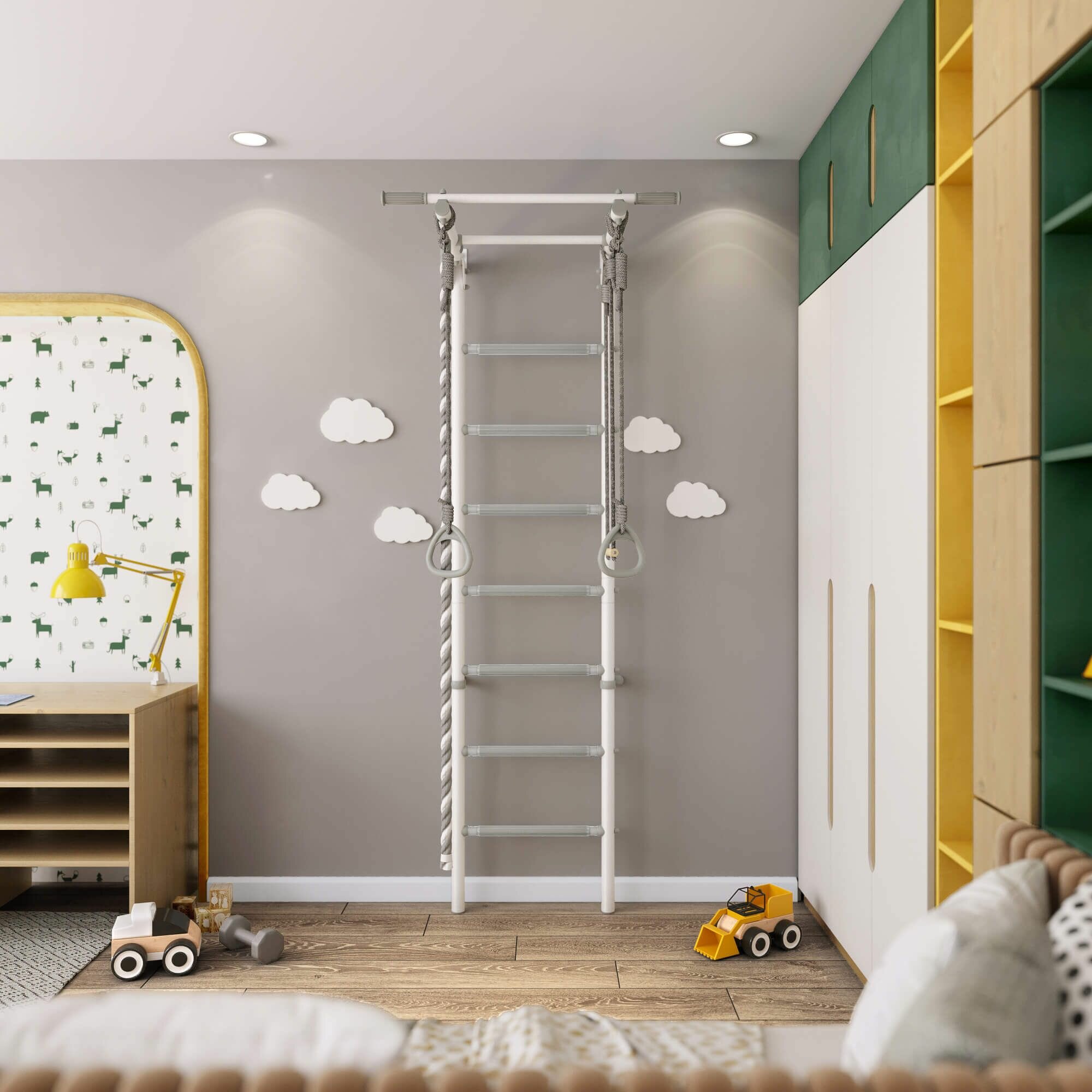Шведская стенка, детский спортивный комплекс для дома DSK 3.1 настенный серый/жёлтый