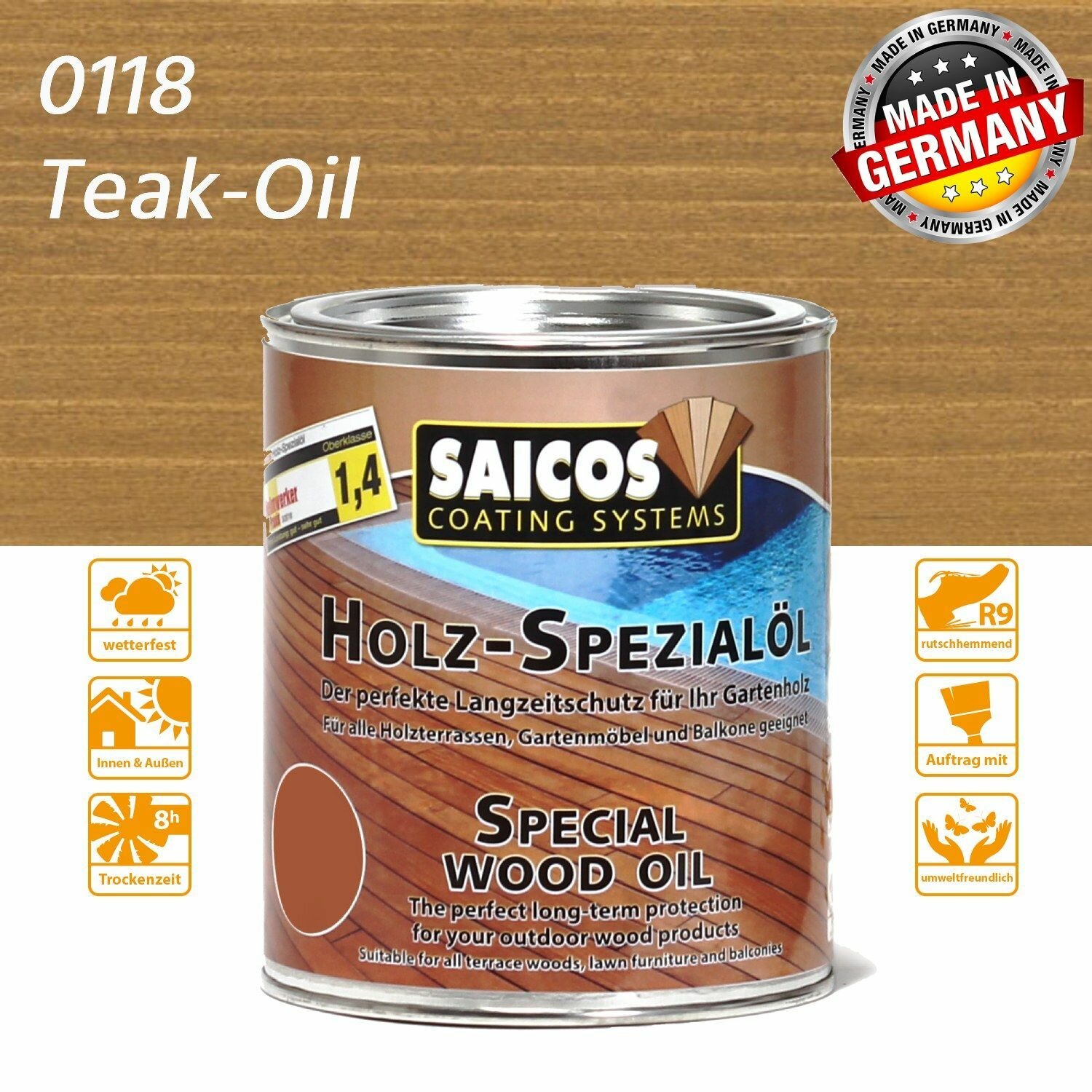 Масло для террас и садовой мебели атмосферостойкое SAICOS Holz-Spezialol 0118 (Тик) 0.75 л.