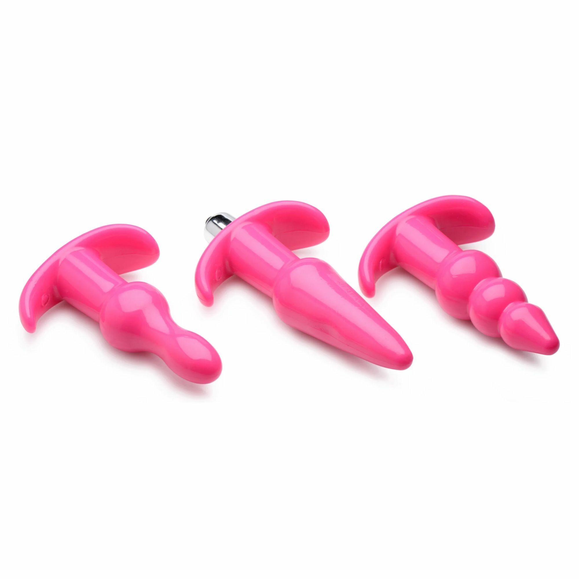 Набор из 3 розовых анальных пробок с вибропулей Thrill Trio Anal Plug Set, розовый, анодированный пластик, TPE, с вибрацией, Унисекс, Анальные игрушки