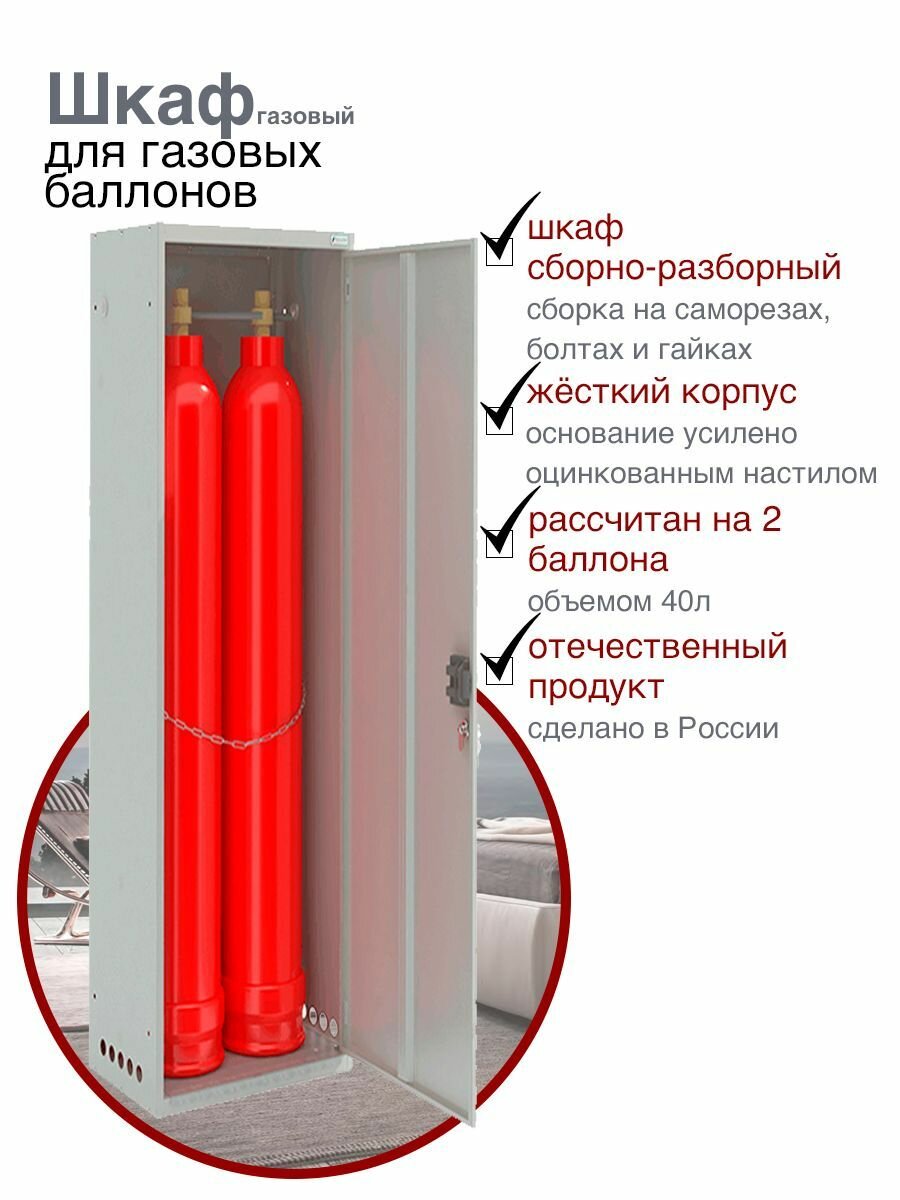 Шкаф газовый ШГР 40-2-4, сталь, серый, с карабином и цепями, на 2 газовых баллона