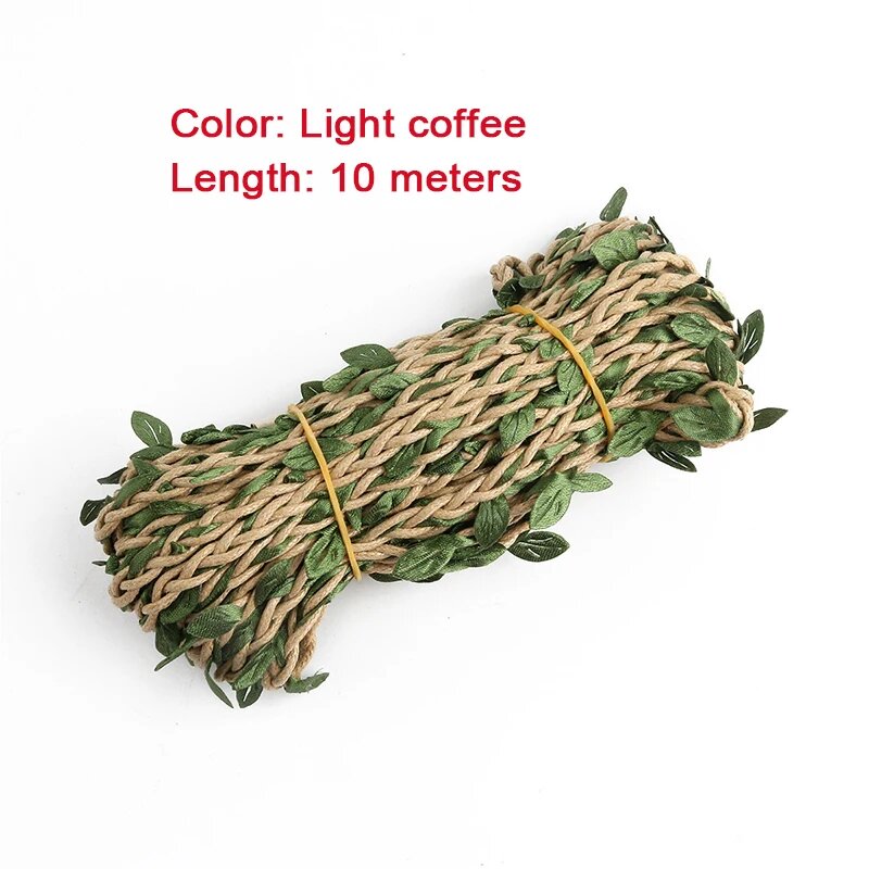 Джутовая лента с листьями 10 м Light coffee