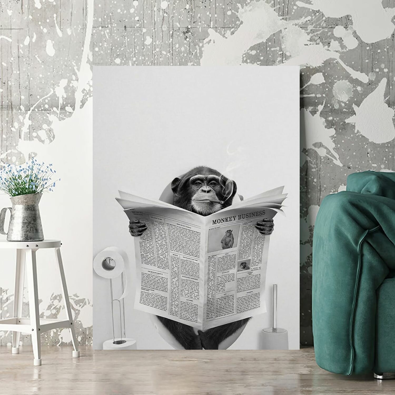 Картина в туалет, ванную комнату "Обезьяна читает газету", 30х40 см.