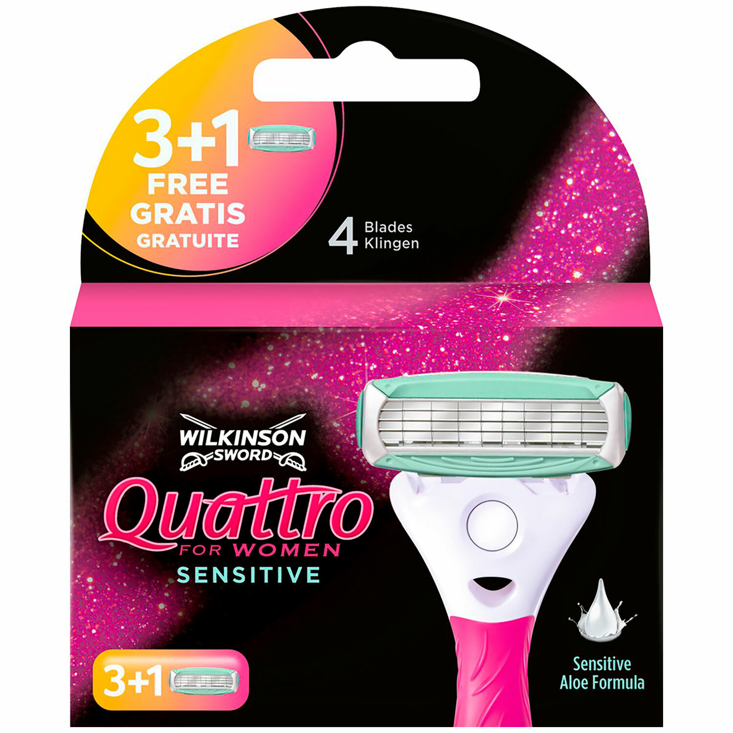 Wilkinson Sword Cменные кассеты Schick QUATTRO for Women Sensitive (4 шт.), женские, 4 лезвия, увл. полоска