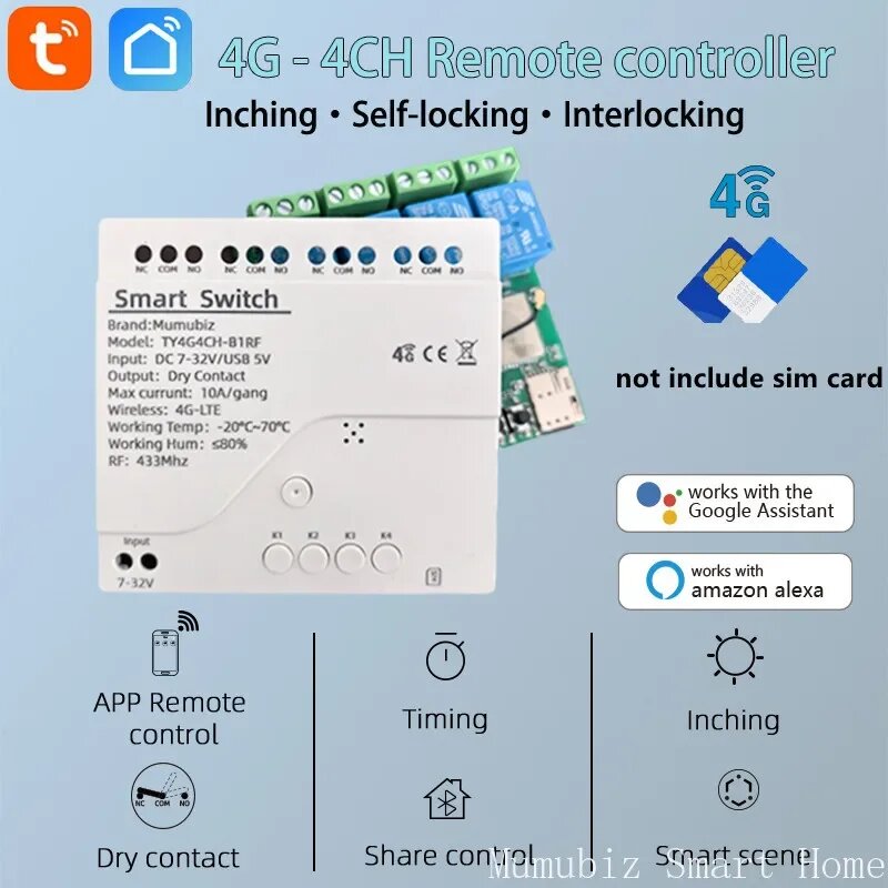 Mumubiz Tuya 4G LTE GSM-переключатель 7-32V Input