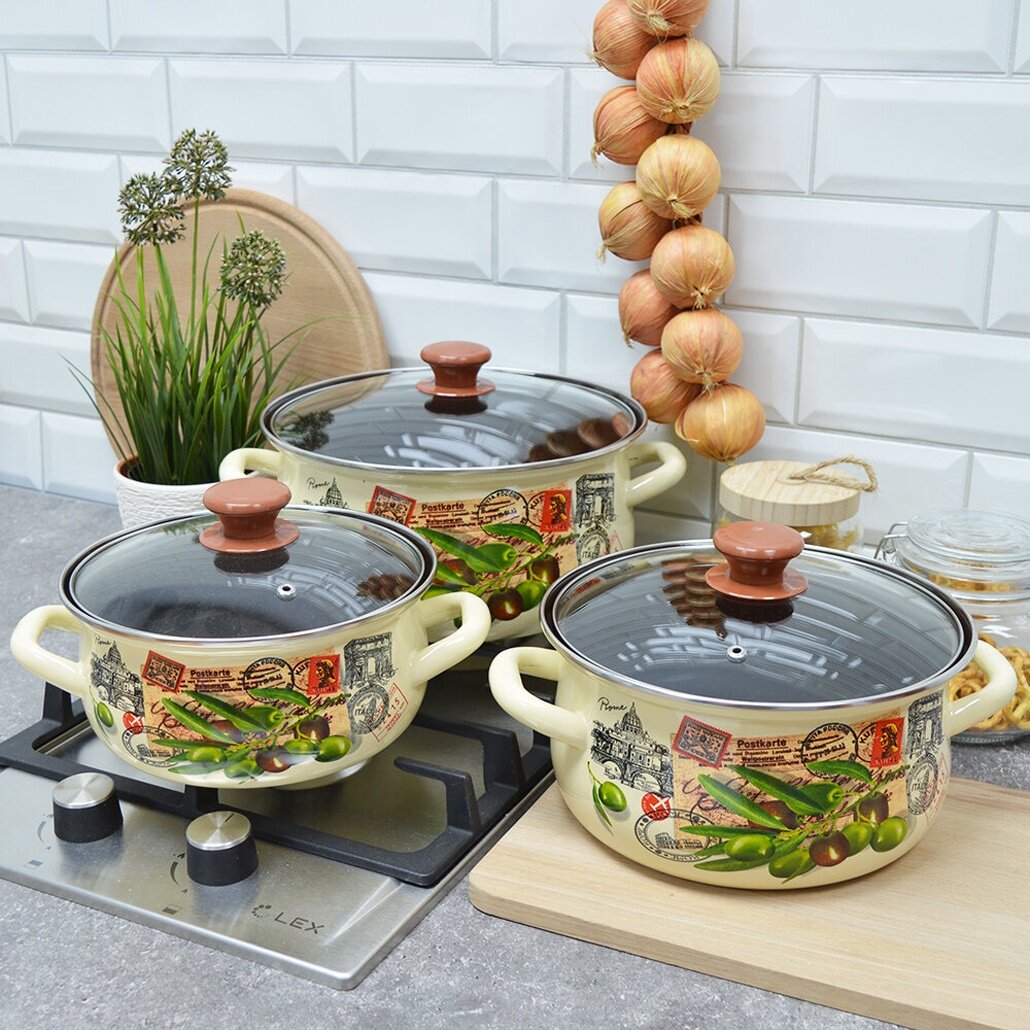 Набор кастрюль "Римские каникулы-Экстра" 2л, 3л, 4л, слоновый, удобные ручки