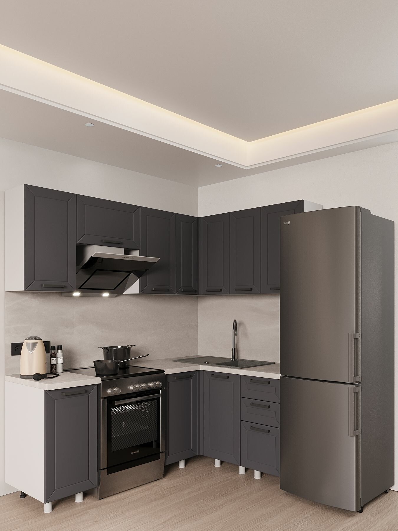 Кухонный гарнитур угловой Сектор МДФ 1,4х2,0м сталь без столешницы