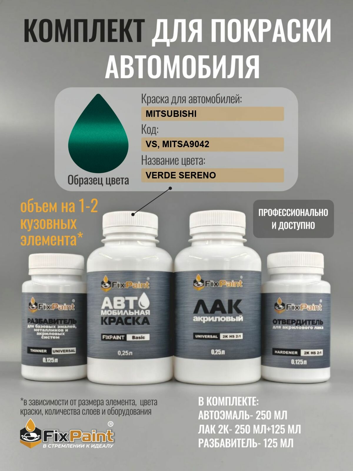Комплект для покраски MITSUBISHI, код VS, MITSA9042, VERDE SERENO, базовая автомобильная эмаль 250 мл, лак 2K 250 мл с отвердителем, разбавитель 125 мл, FixPaint Pro
