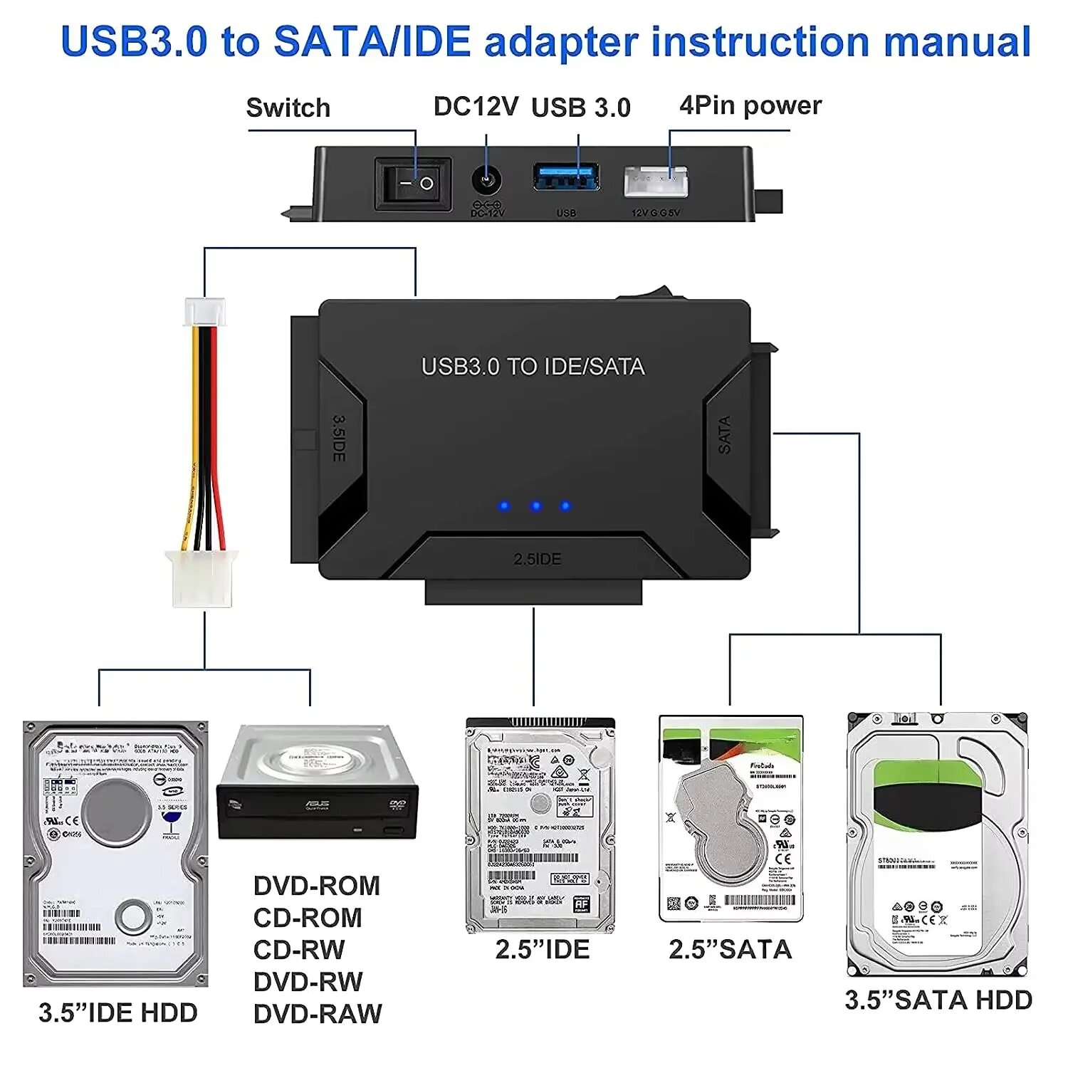Кабель-адаптер congdi SATA/IDE к USB 3.0 для жестких дисков 2.5/3.5 дюймов EU Plug with OTG — фото 1
