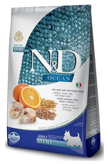 Корм сухой для собак Farmina N&D Ocean треска, спельта, овес и апельсин для взрослых собак мини 7 кг