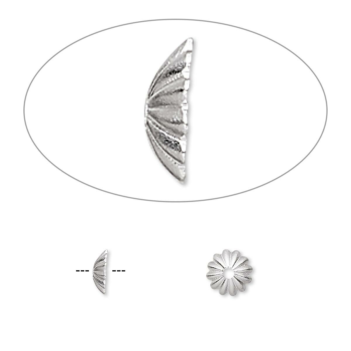 Шапочка для бусин (обниматель), 6х1.5мм, ребристый, базовый материал - латунь, посеребренный, 20 шт.